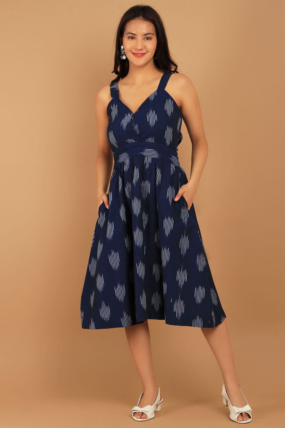 Buy Indophilia Women's Ikat Blue Cotton Midi Dress Online